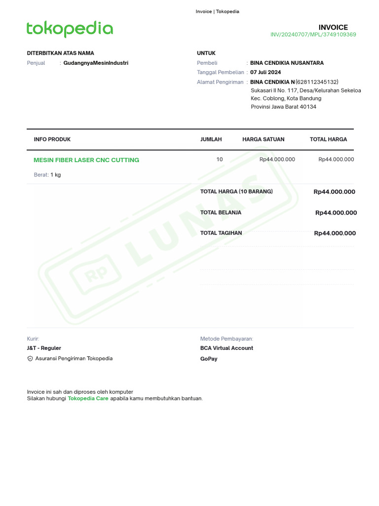 Invoice Pembelian Alat Kerja | PDF