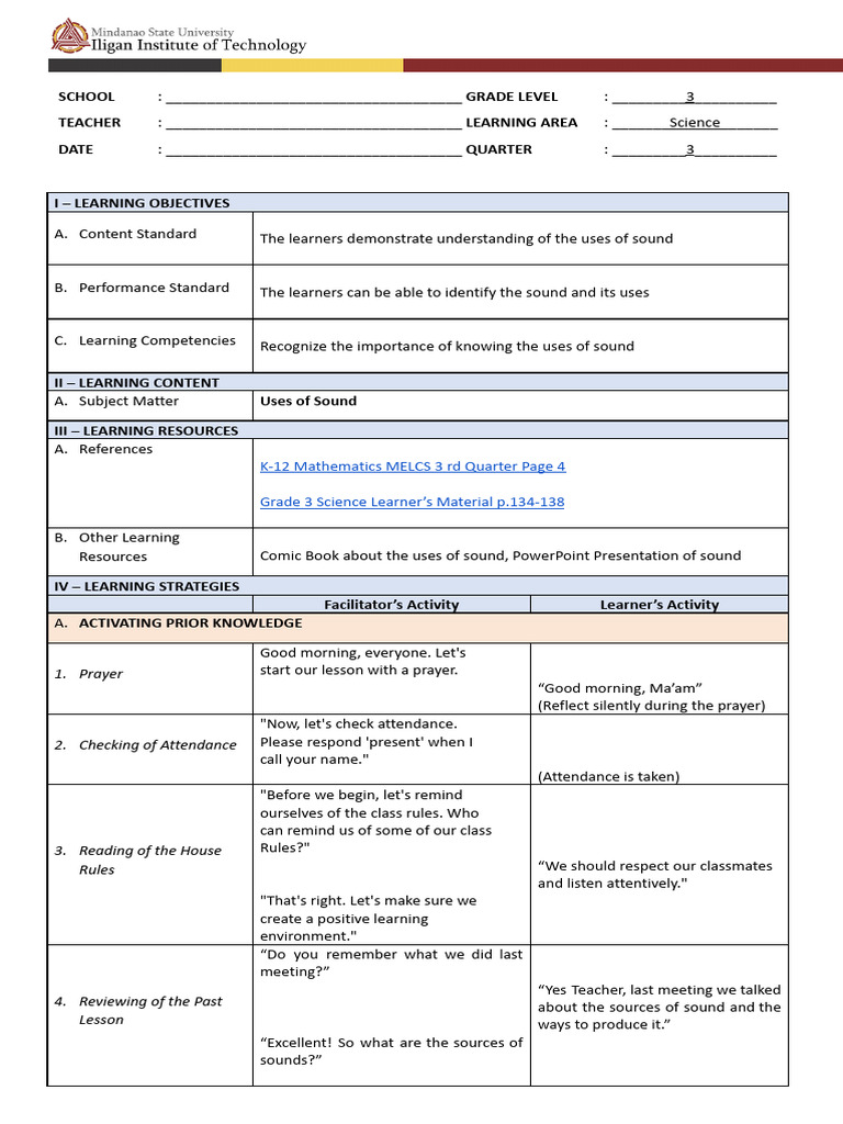 LESSON PLAN TOPIC: USES OF SOUND | PDF
