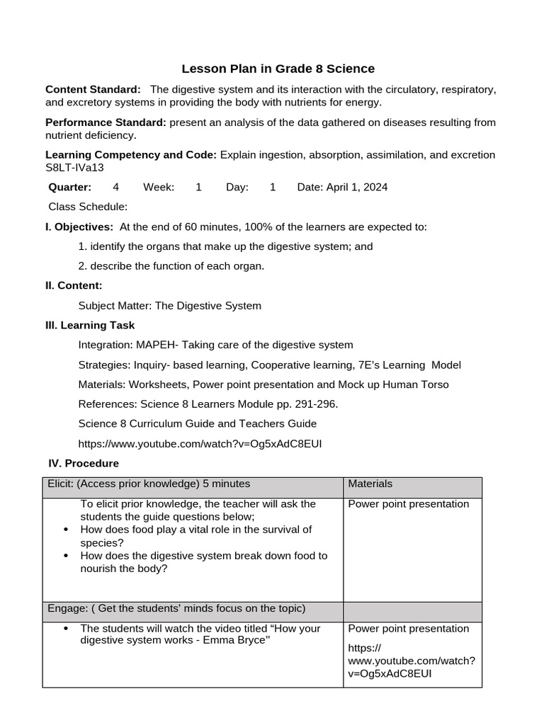 Grade 8 Digestive System Lesson Plan | PDF | Small Intestine | Digestion