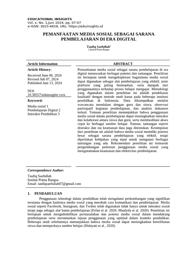 Pemanfaatan Media Sosial Sebagai Sarana Pembelajaran Di Era Digital | PDF