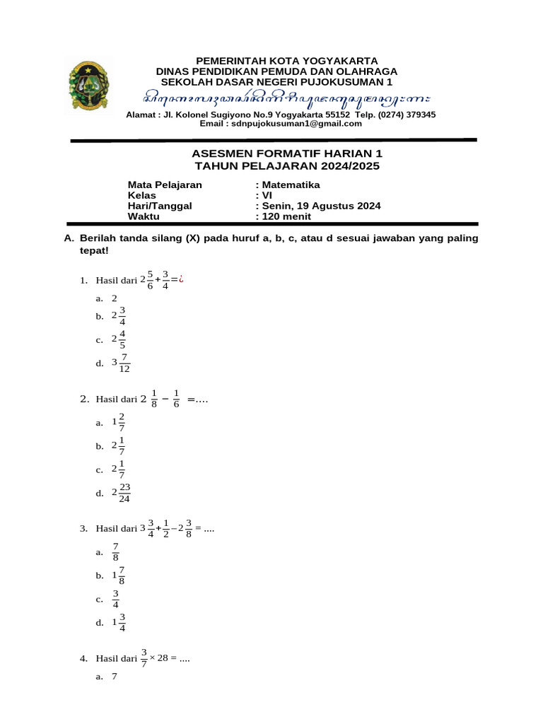 Soal Assesment Formatif Harian 1 MTK | PDF