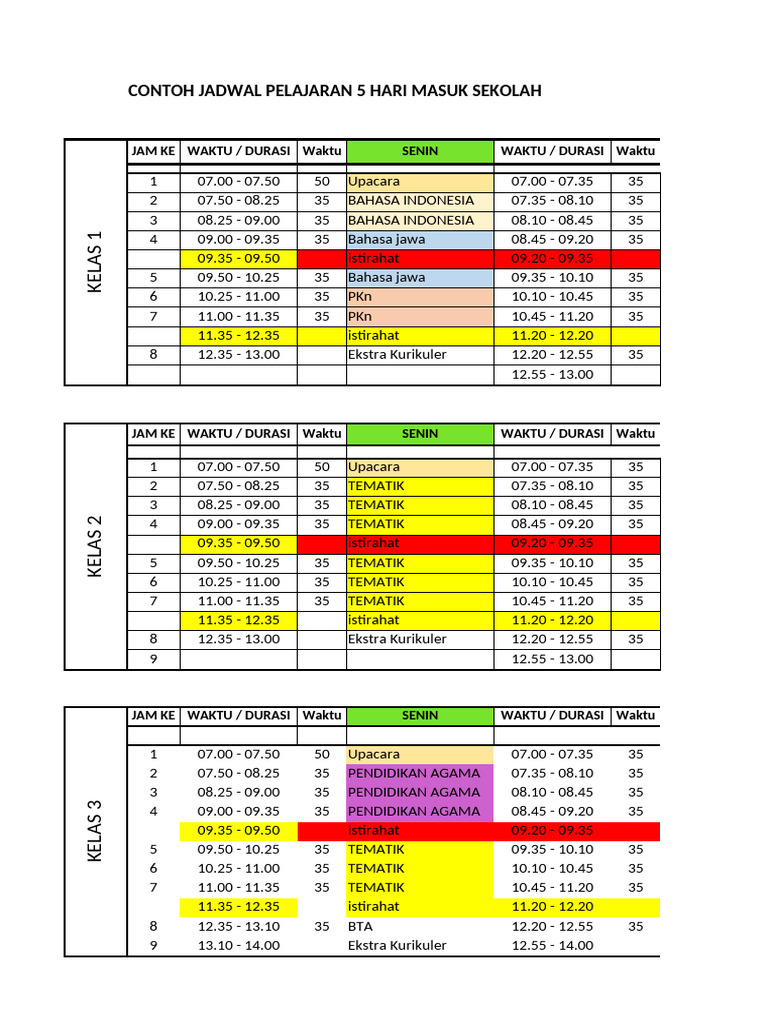 Contoh Jadwal 5 Hari Masuk Sekolah | PDF