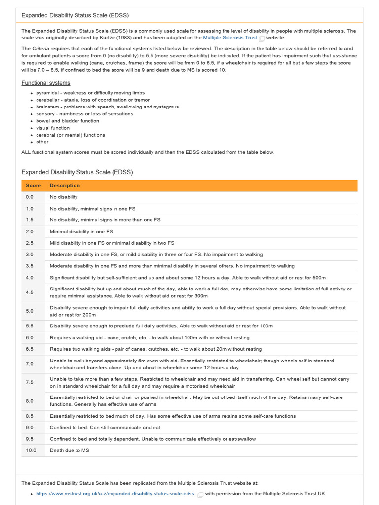 ExpandedDisabilityStatusScale (EDSS) NeurologicalScales | PDF