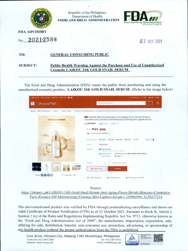 FDA Advisory No.2021 2588 | PDF