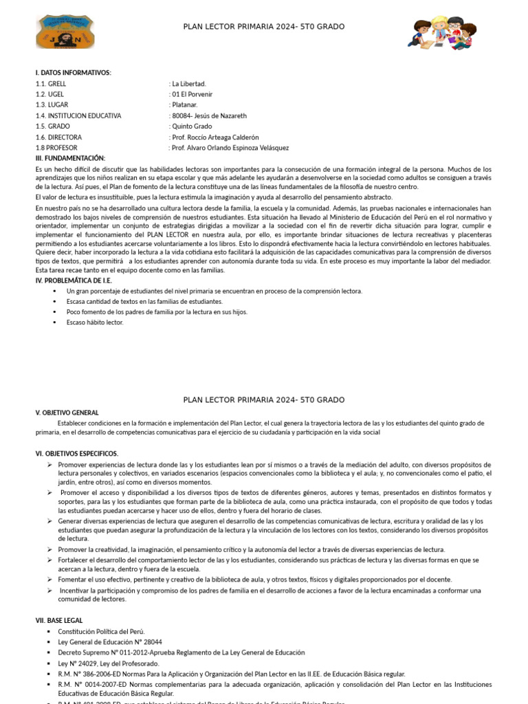 PLAN LECTOR 5° GRADO - 2024 | PDF