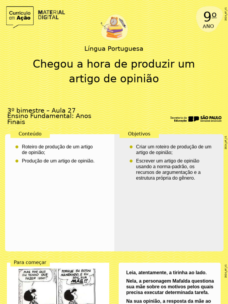 Chegou A Hora de Produzir Um Artigo de Opinião: Língua Portuguesa | PDF