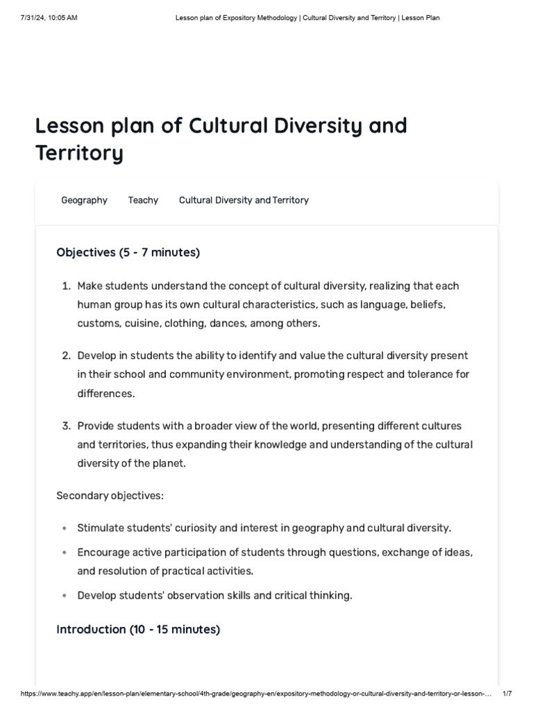 Lesson Plan of Expository Methodology - Cultural Diversity and ...