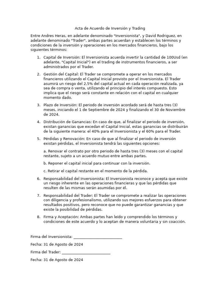 Acta de Acuerdo Inversión Trading 3 Meses | PDF | Comerciante (Finanzas ...