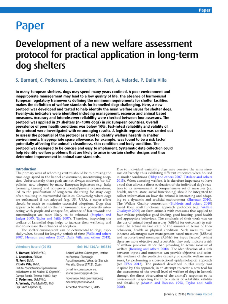 Article - Welfare Assessment Protocol Shelter Dogs | PDF