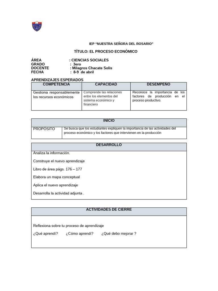 Guia Sesion CCSS 3ero El Proceso Económico | PDF | Factores de producción | Aprendizaje