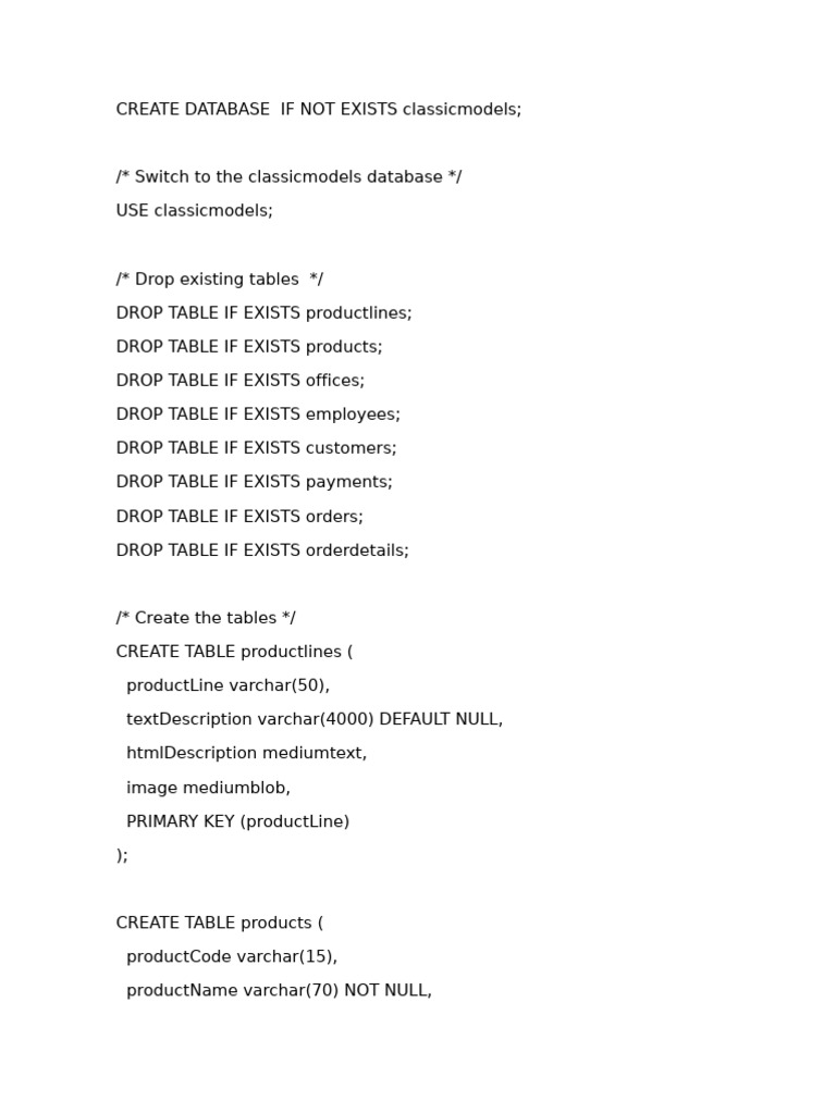 CREATE DATABASE IF NOT EXISTS Classicmodels | PDF