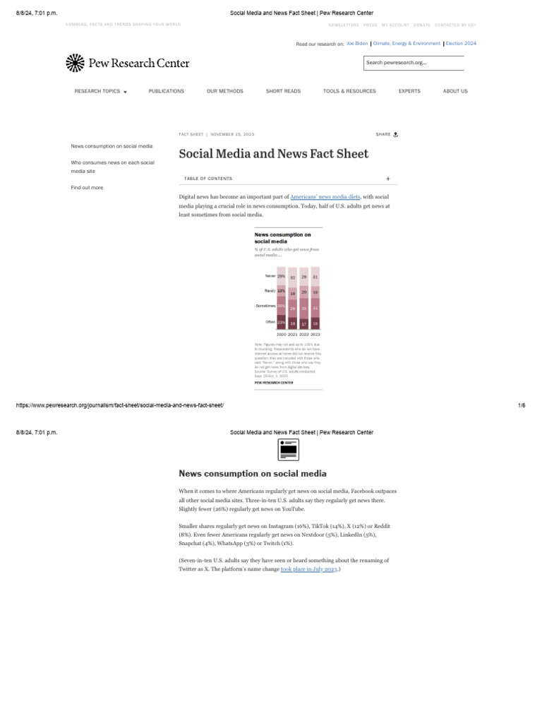 Social Media And News Fact Sheet Pew Research Center Pdf