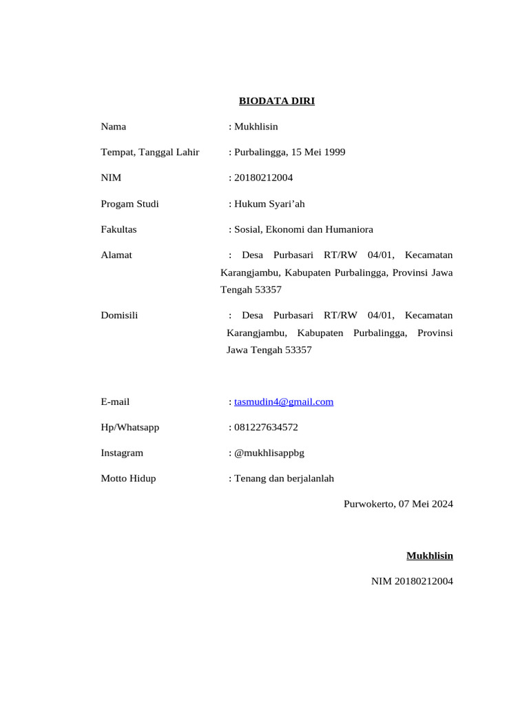 Contoh Biodata Diri Skripsi | PDF