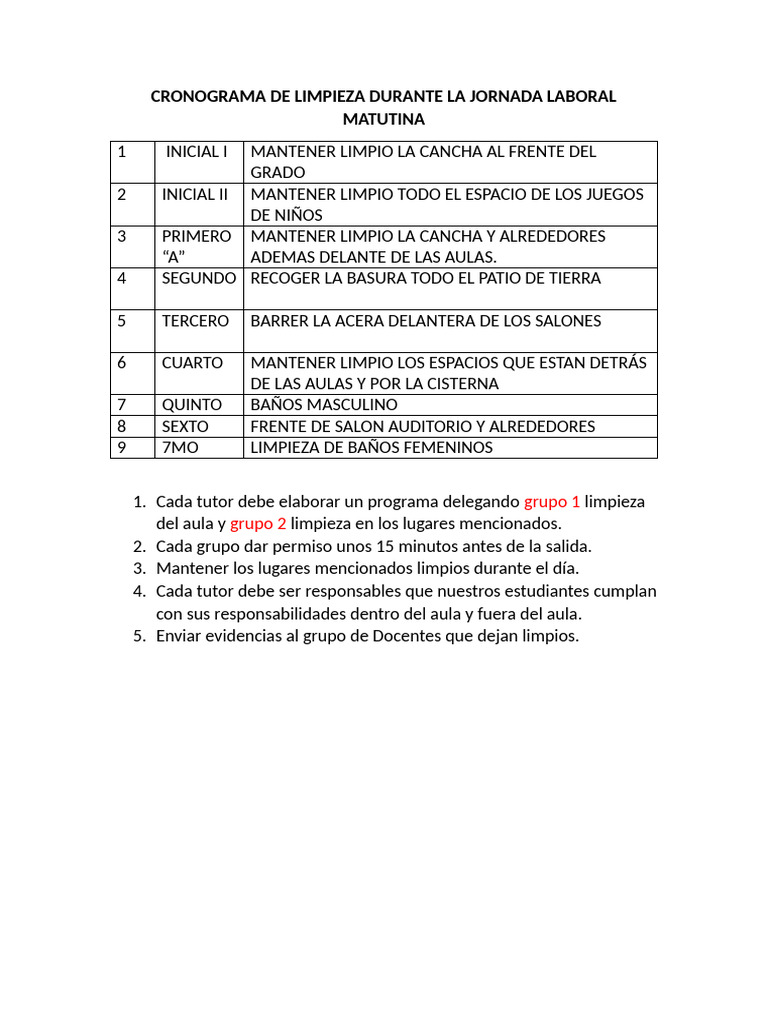 Cronograma de Limpieza General | PDF