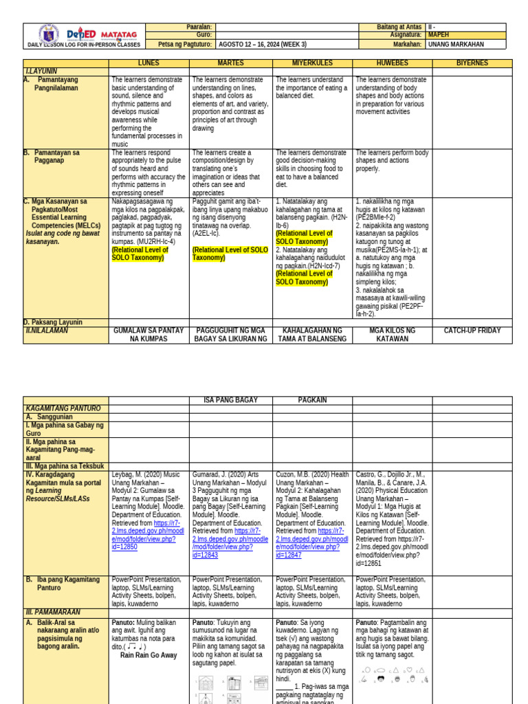 G2 Q1W3 DLL MAPEH (MELCs) | PDF
