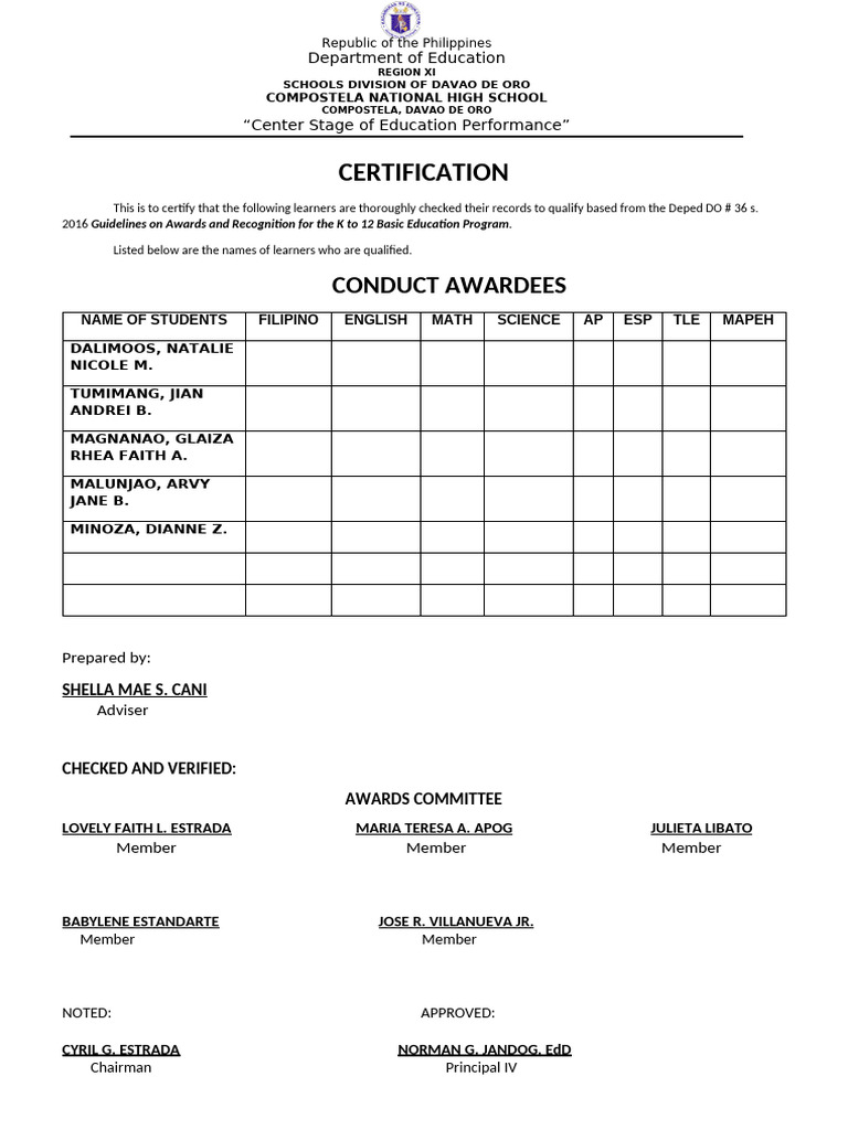 Perfect-Attendance-Most-Outstanding-Conduct-Awardee-GRADE 9 - OPAL | PDF
