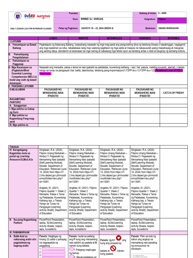 G2 Q1W4 DLL FILIPINO (MELCs) | PDF