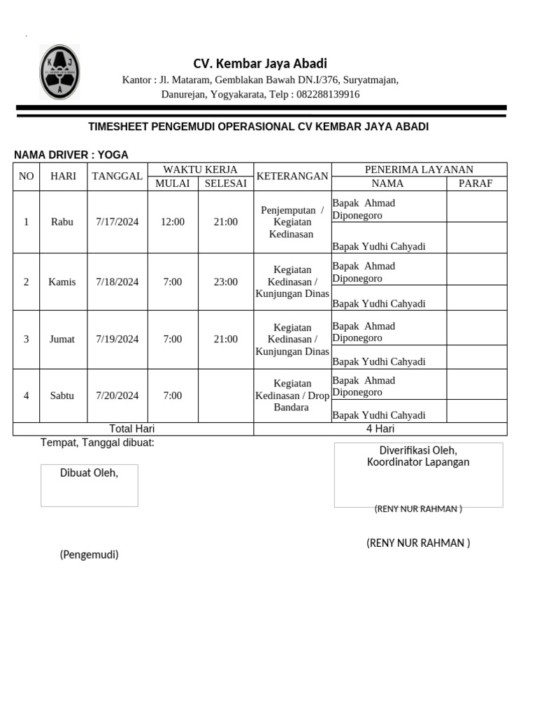 Form Pelayanan Driver CV KEMBAR JAYA ABADI Juli 2024 | PDF