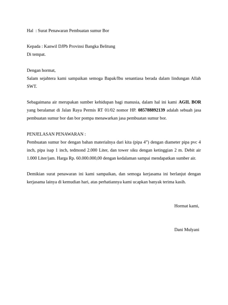 Surat Penawaran Sumur Bor | PDF