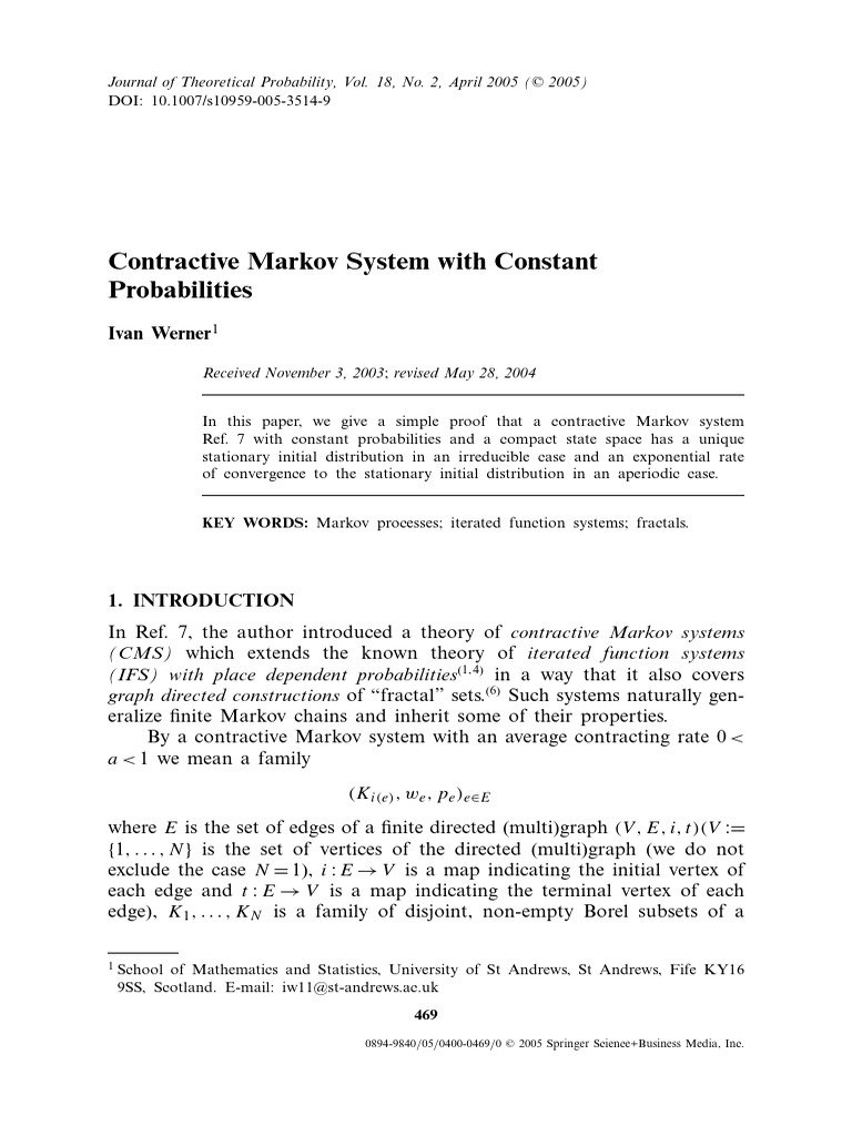 Contractive Markov System With Constant Probabilities - Ivan Werner | PDF Contractive Markov System With Constant Probabilities - Ivan Werner | PDF