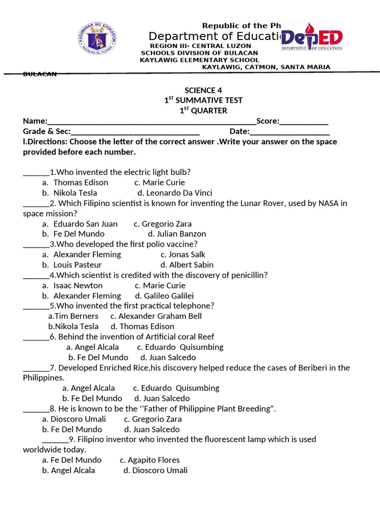 Grade 4 Summative Test 1 q1 | PDF