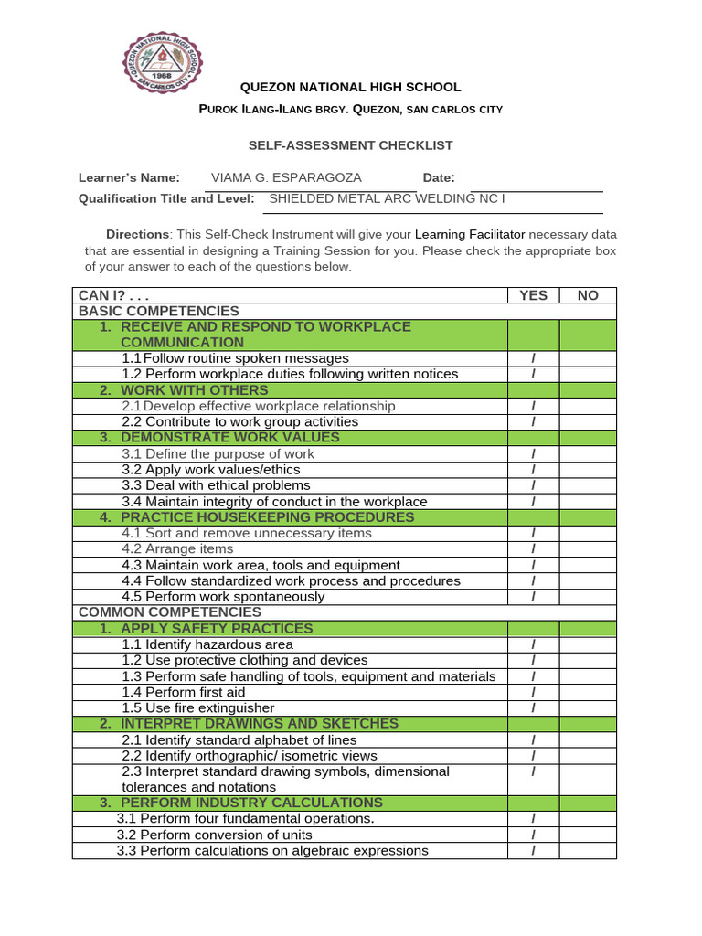 1 - Self Assessment Checklist - Zelmarc D. Tanoy | PDF