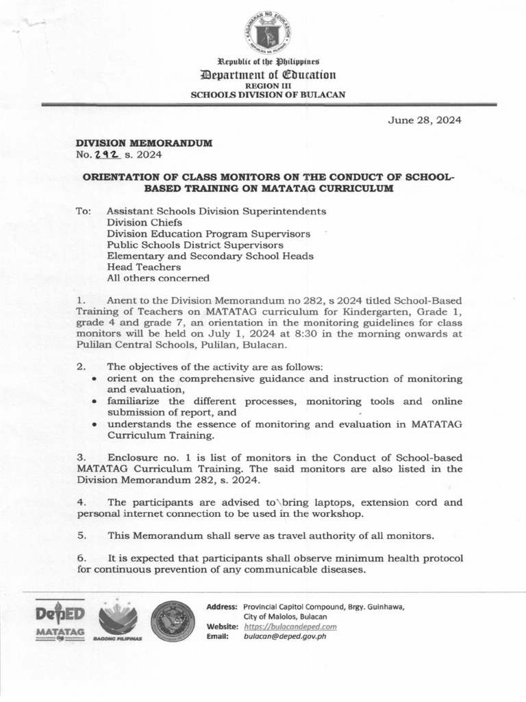 Division Memorandum No 292 S 2024 | PDF