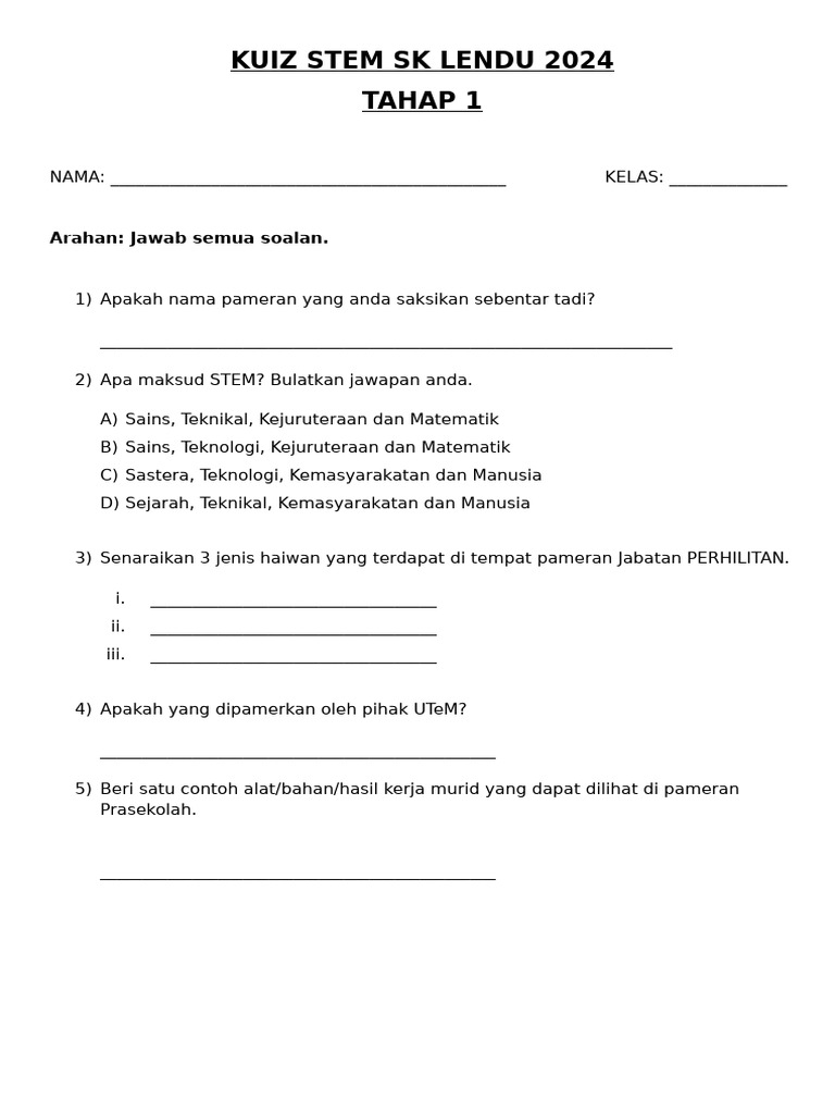 KUIZ STEM SK LENDU 2024 | PDF