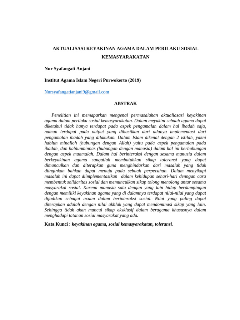 Aktualisasi Keyakinan Agama Dalam Perilaku Sosial Kemasyarakatan | PDF