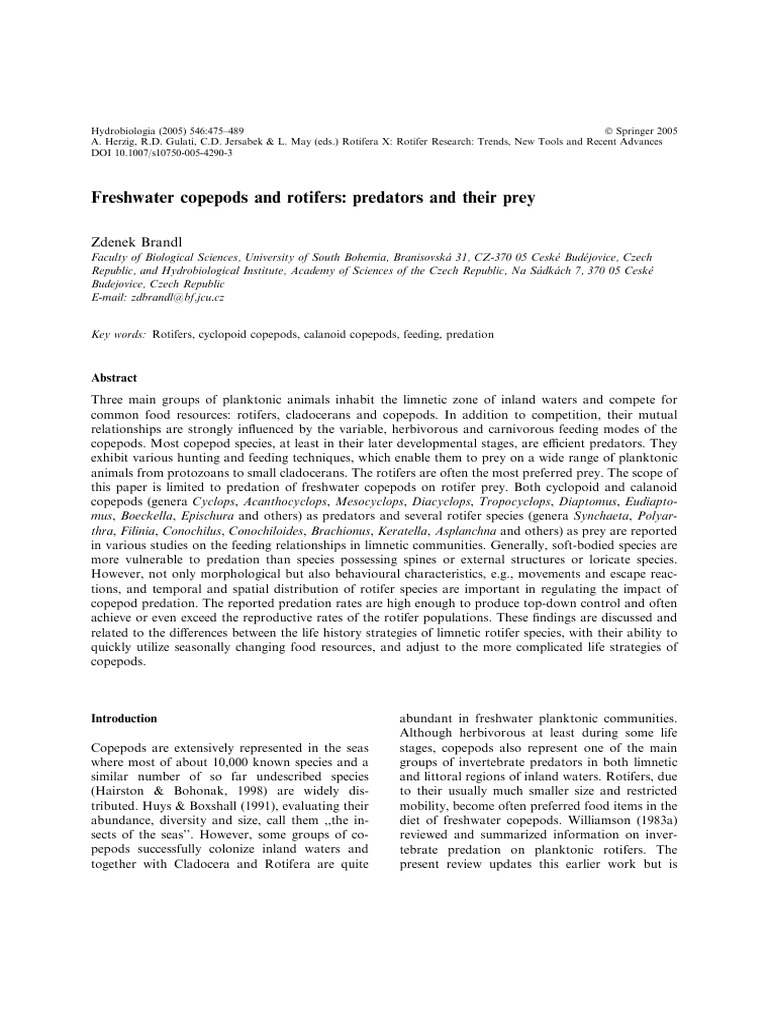 Freshwater Copepods and Rotifers Predators and Their Prey | PDF