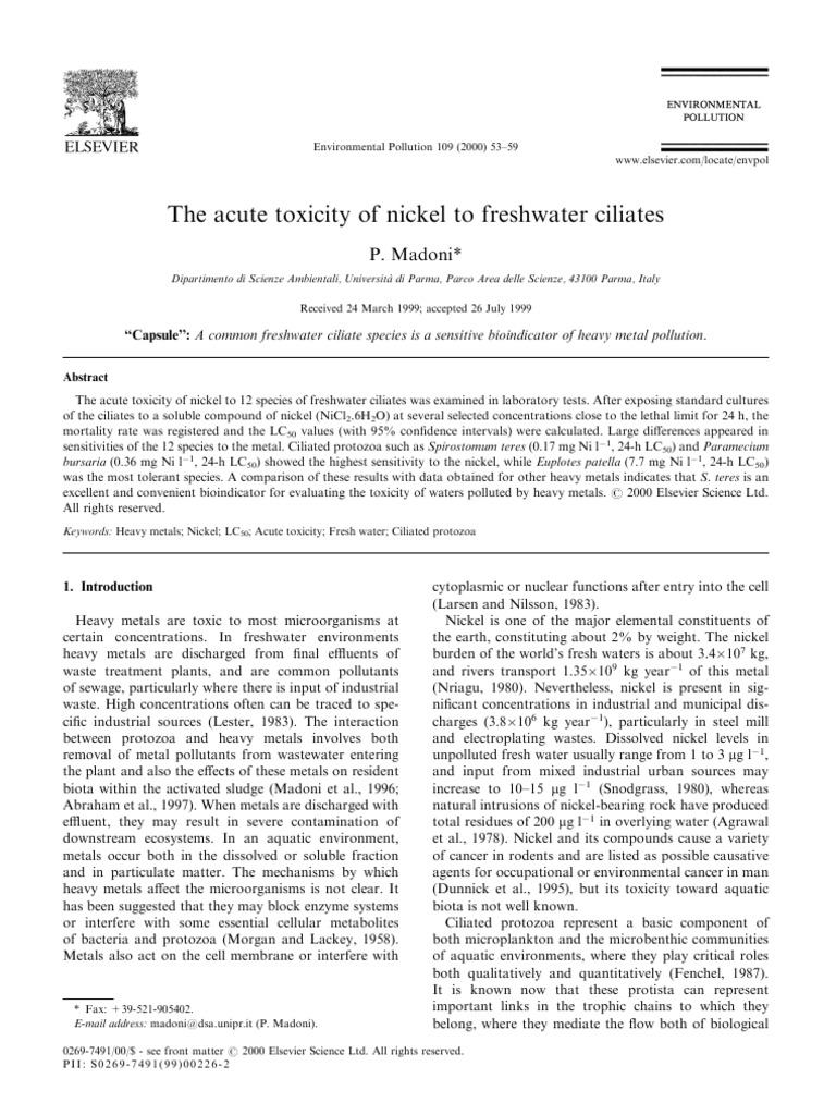 The Acute Toxicity of Nickel To Freshwater Ciliates | PDF