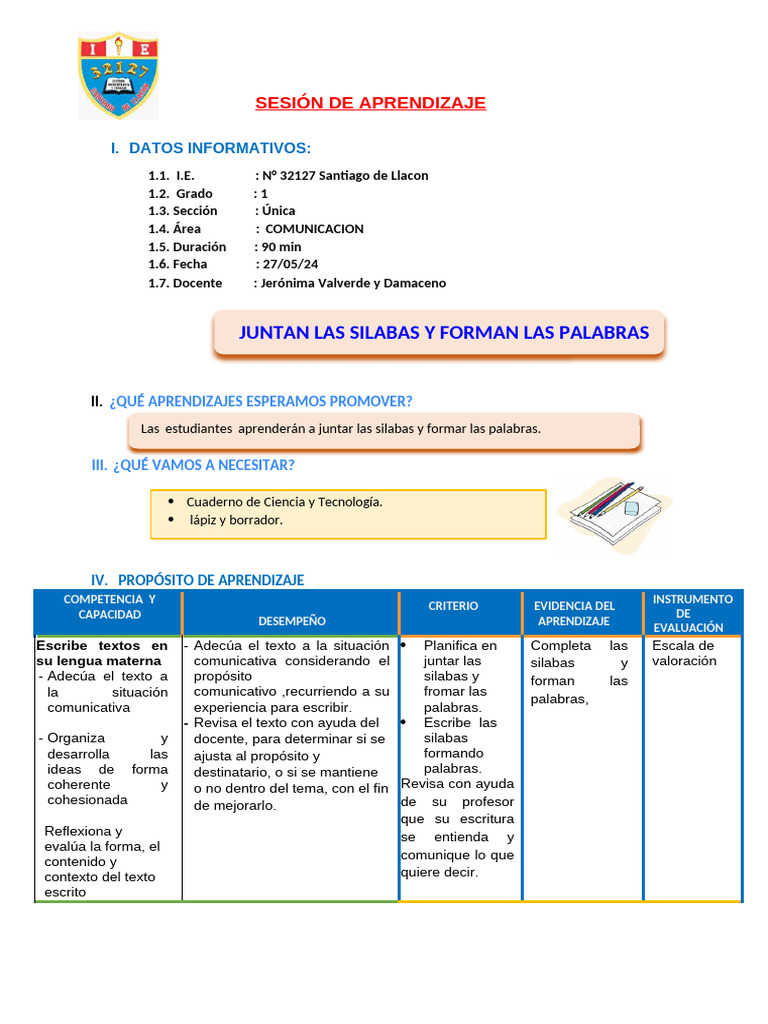 Sesion de Comunicacion Juntando Silabas y Formando Palabras | PDF