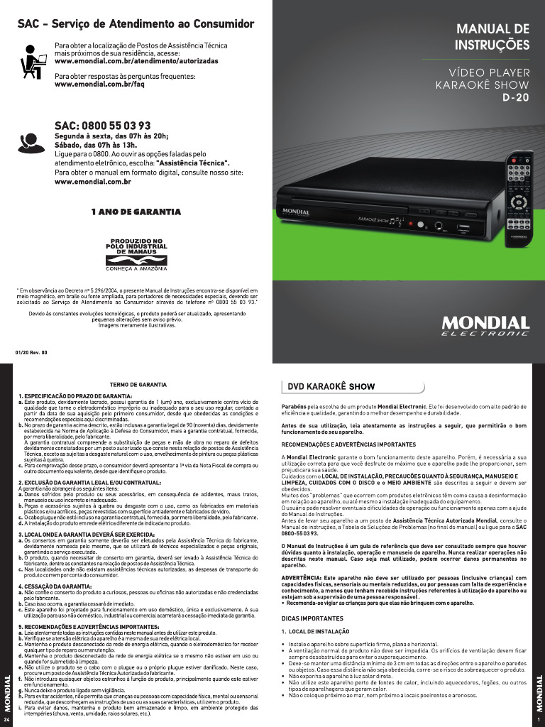 DVD Player (Mondial) D-20 (04jan24) - Manual | PDF
