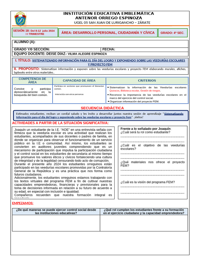 Sesión 18. DPCC 4° Sec. 2024. Ficha | PDF