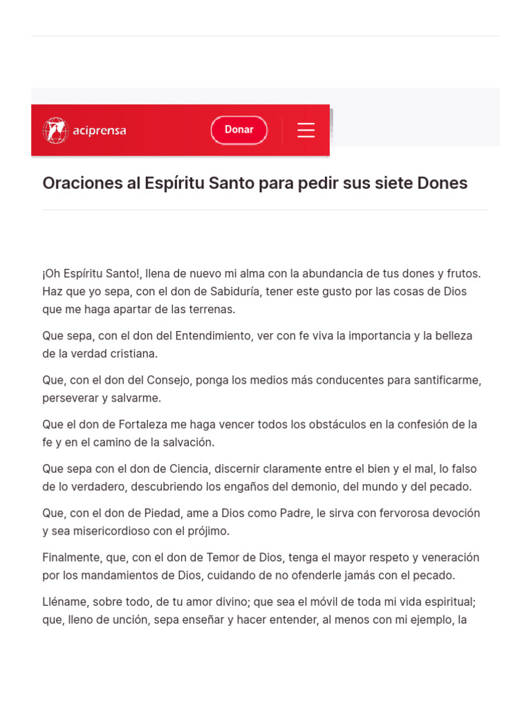 Oraciones Al Espíritu Santo para Pedir Sus Siete Dones | PDF