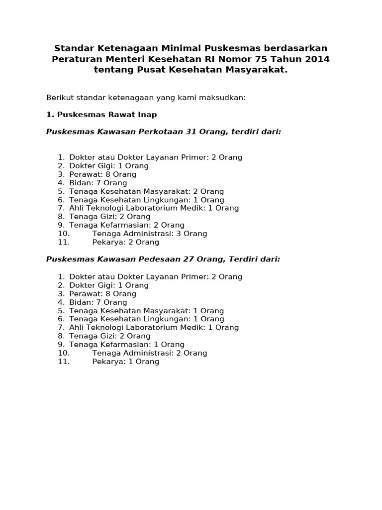 Standar Minimal SDMK Puskesmas Berdasarkan Permenkes Nomor 75 Tahun ...