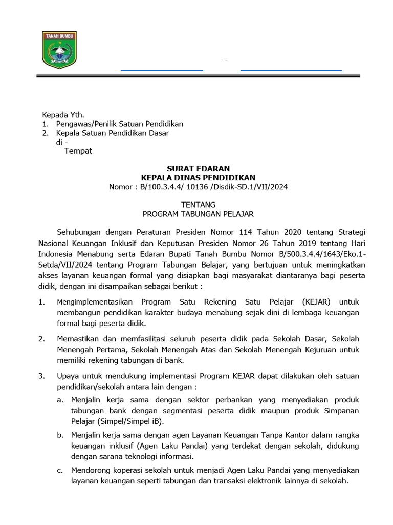 SE Disdik - Program Tabungan Belajar | PDF