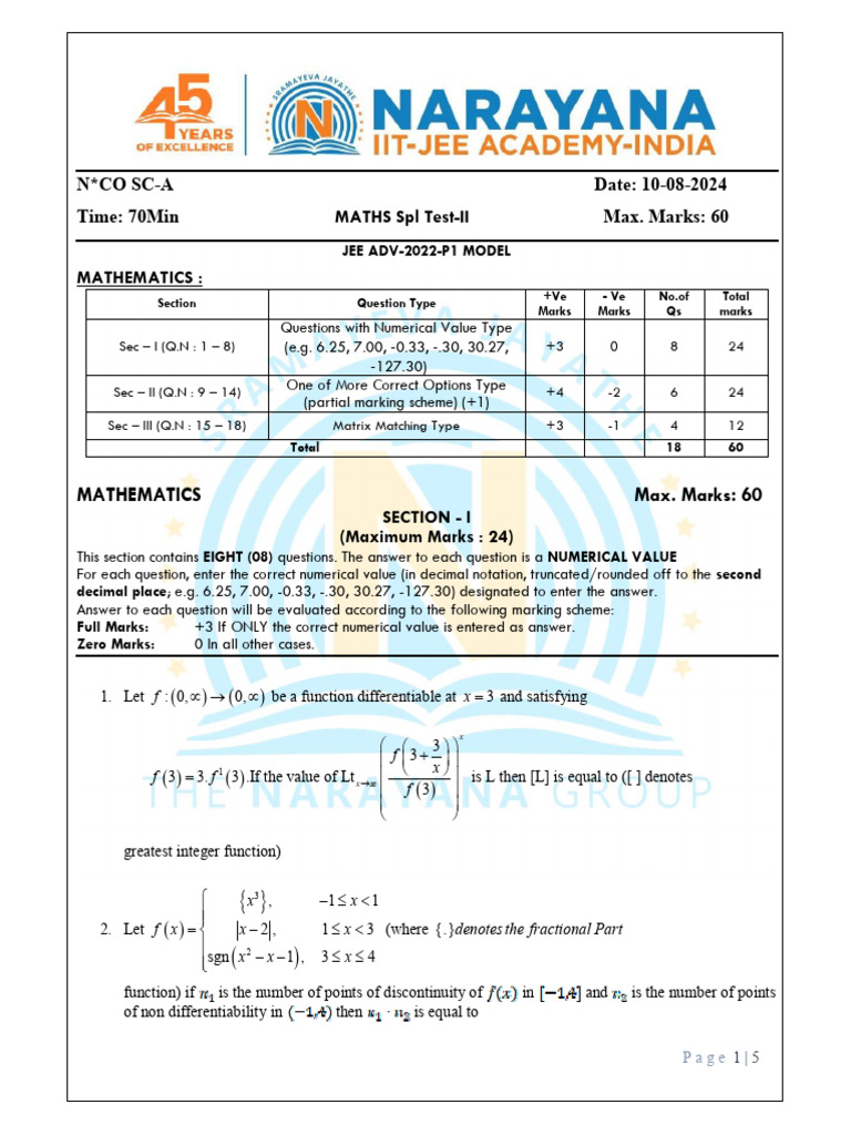 10 08 2024 - SR Star A (Target 100) SPL Maths Test Ii - QP | PDF