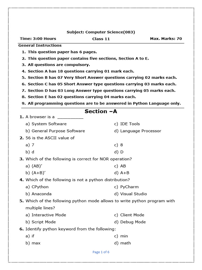 Sample Paper 2 Class XI Annual Exam CS | PDF