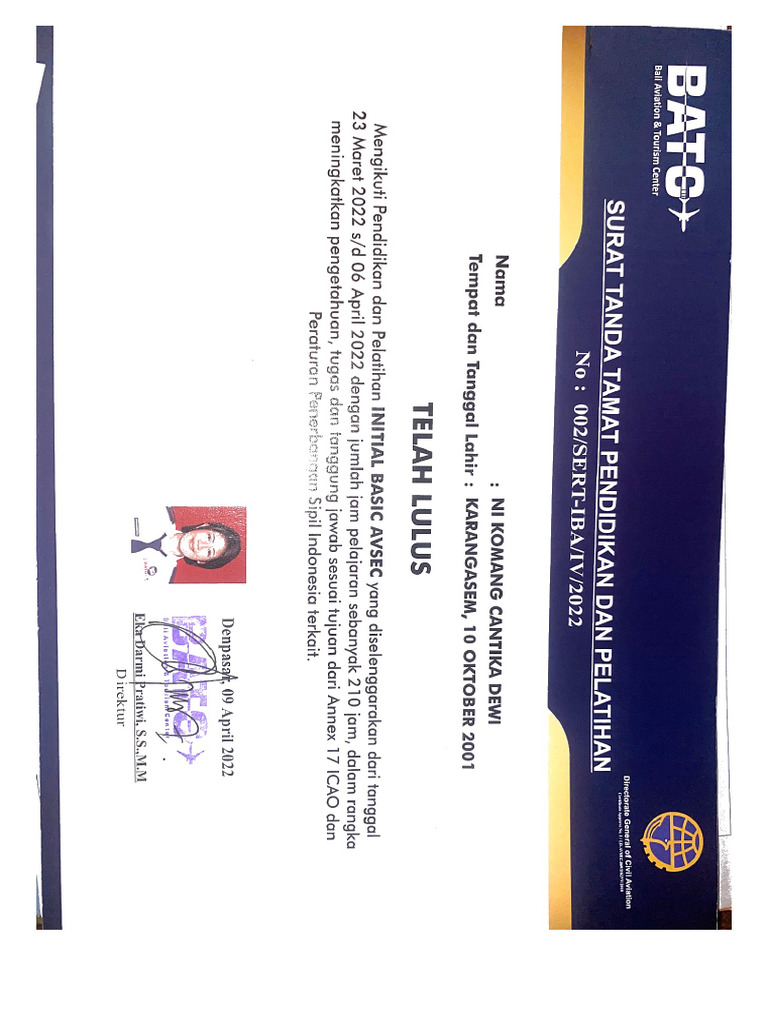 Sertifikat Initial Basic Avsec | PDF