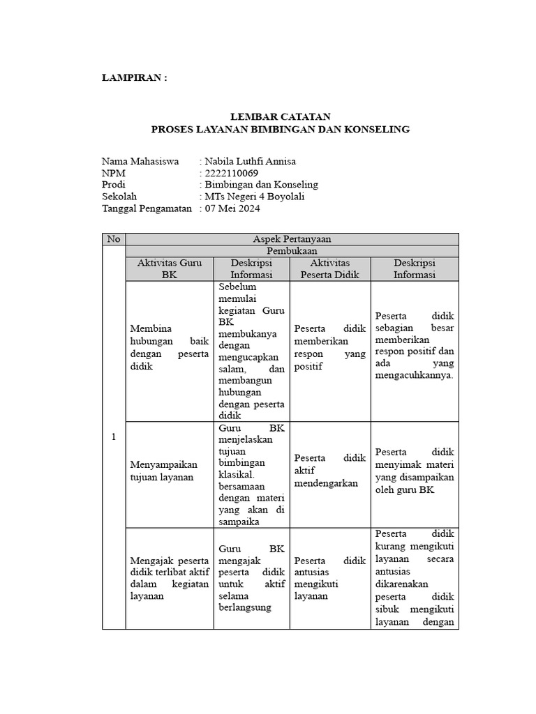 LAMPIRAN Catatan Layanan BK | PDF