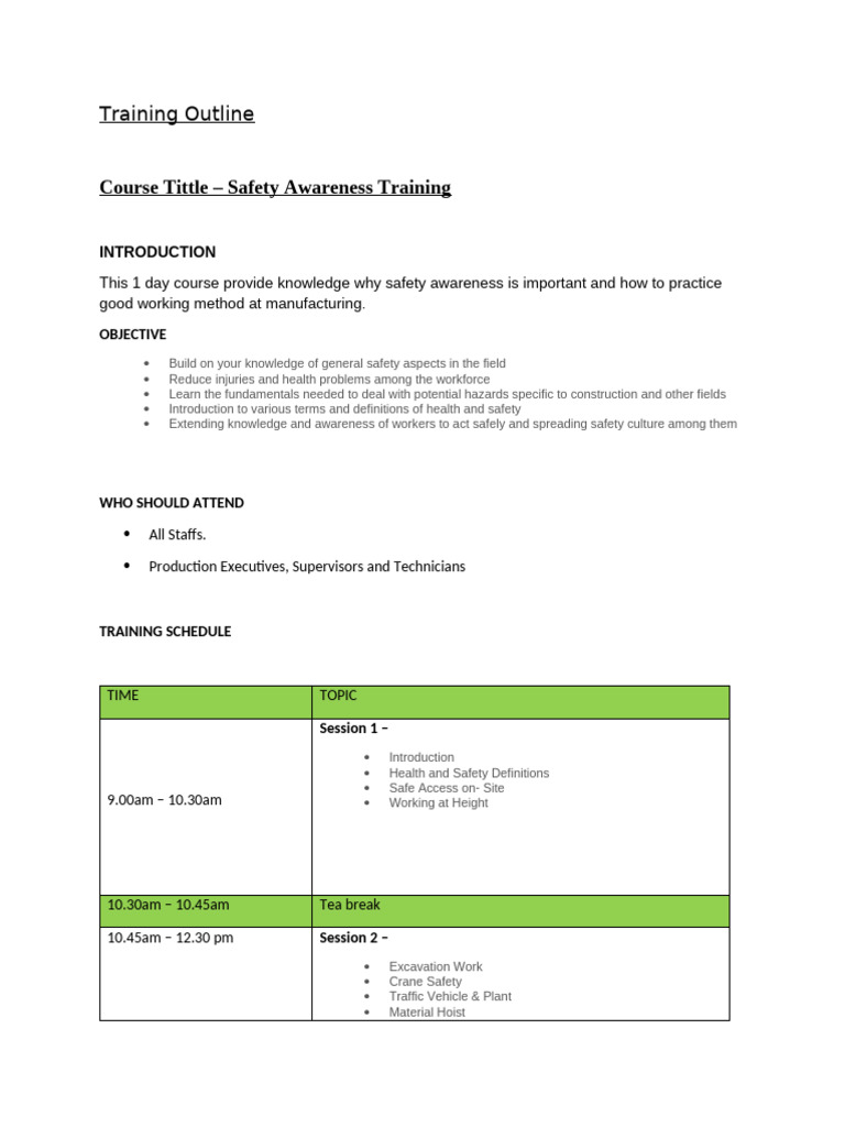 Training Outline Safety Awareness Training | PDF