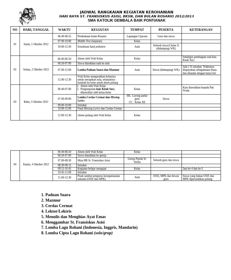 Jadwal HR Frans, BKSN, Rosario | PDF