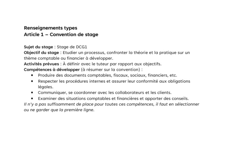 Renseignements Types_Article 1_Convention de Stage | PDF