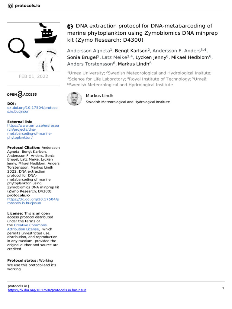 Agneta, DNA Extraction Protocol For DNA-metabarcoding of Marine Phytoplankton Using Zymobiomics ...
