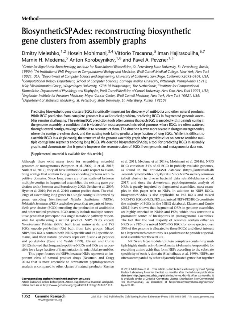 Meleshko, BiosyntheticSPAdes - Reconstructing Biosynthetic Gene Clusters From Assembly Graphs | PDF