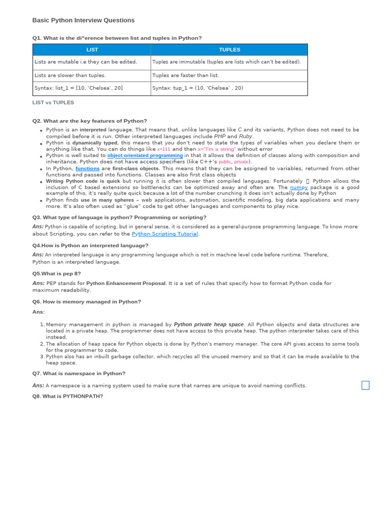 100 Python Interview Questions | PDF