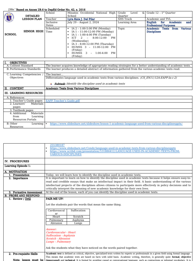 LC 1 - EAPP (Lesson Plan) | PDF