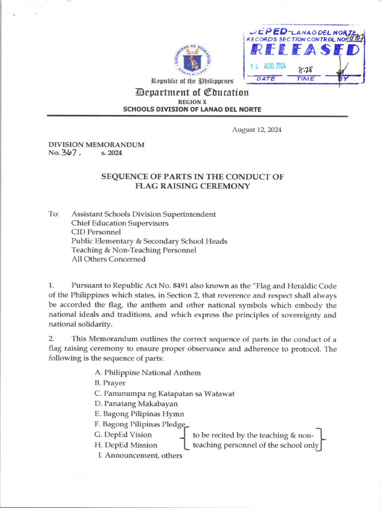 Sequence of Parts in The Conduct of Flag Raising Ceremony | PDF