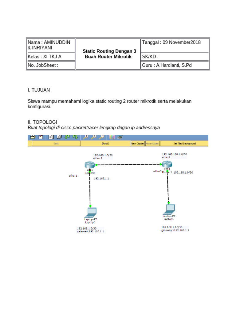 Jobsheet Routing Static Mikrotik_AMINUDDIN DAN INRIYANI | PDF Jobsheet Routing Static Mikrotik_AMINUDDIN DAN INRIYANI | PDF